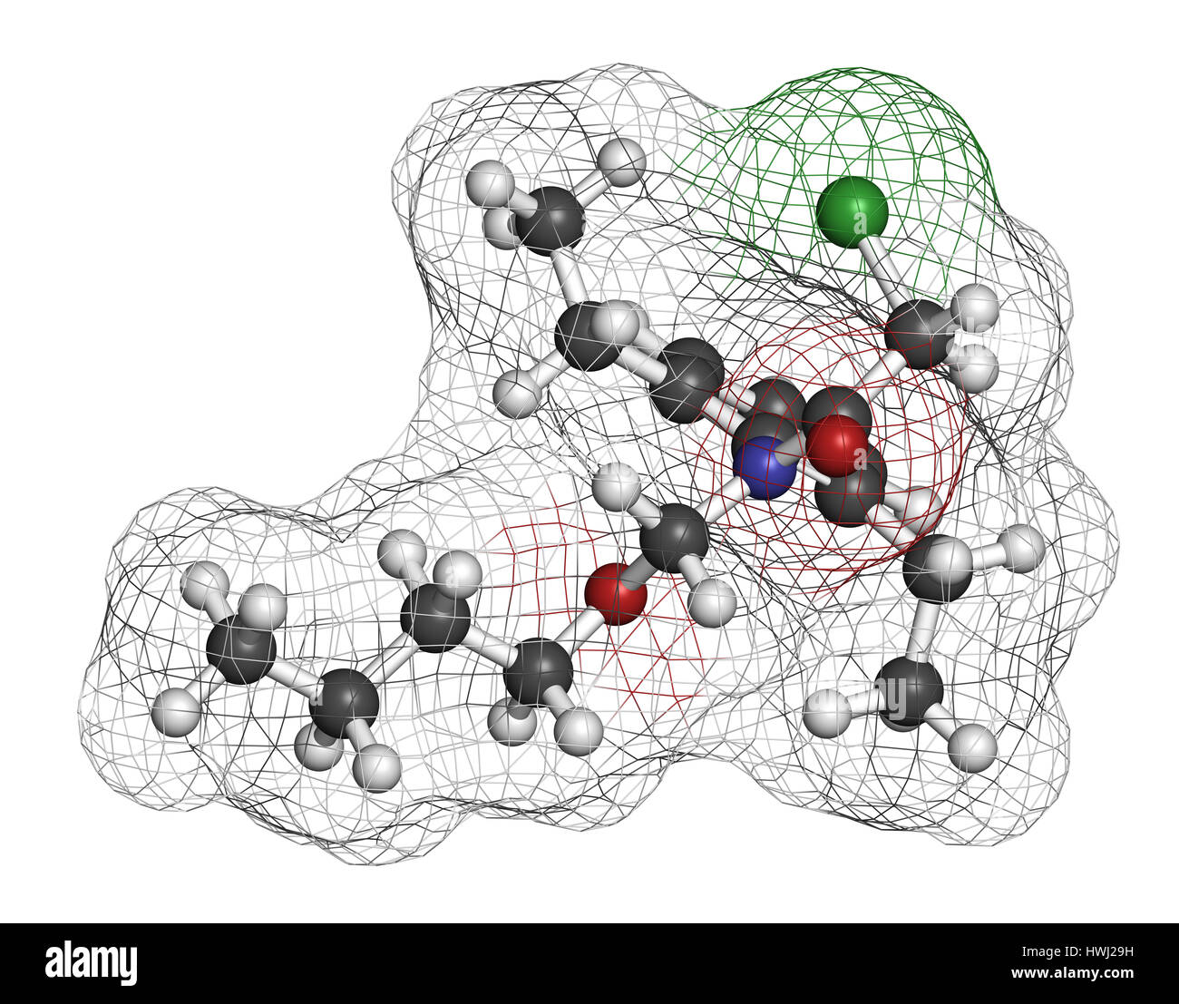 Butachlor herbicide molecule. 3D rendering. Atoms are represented as ...