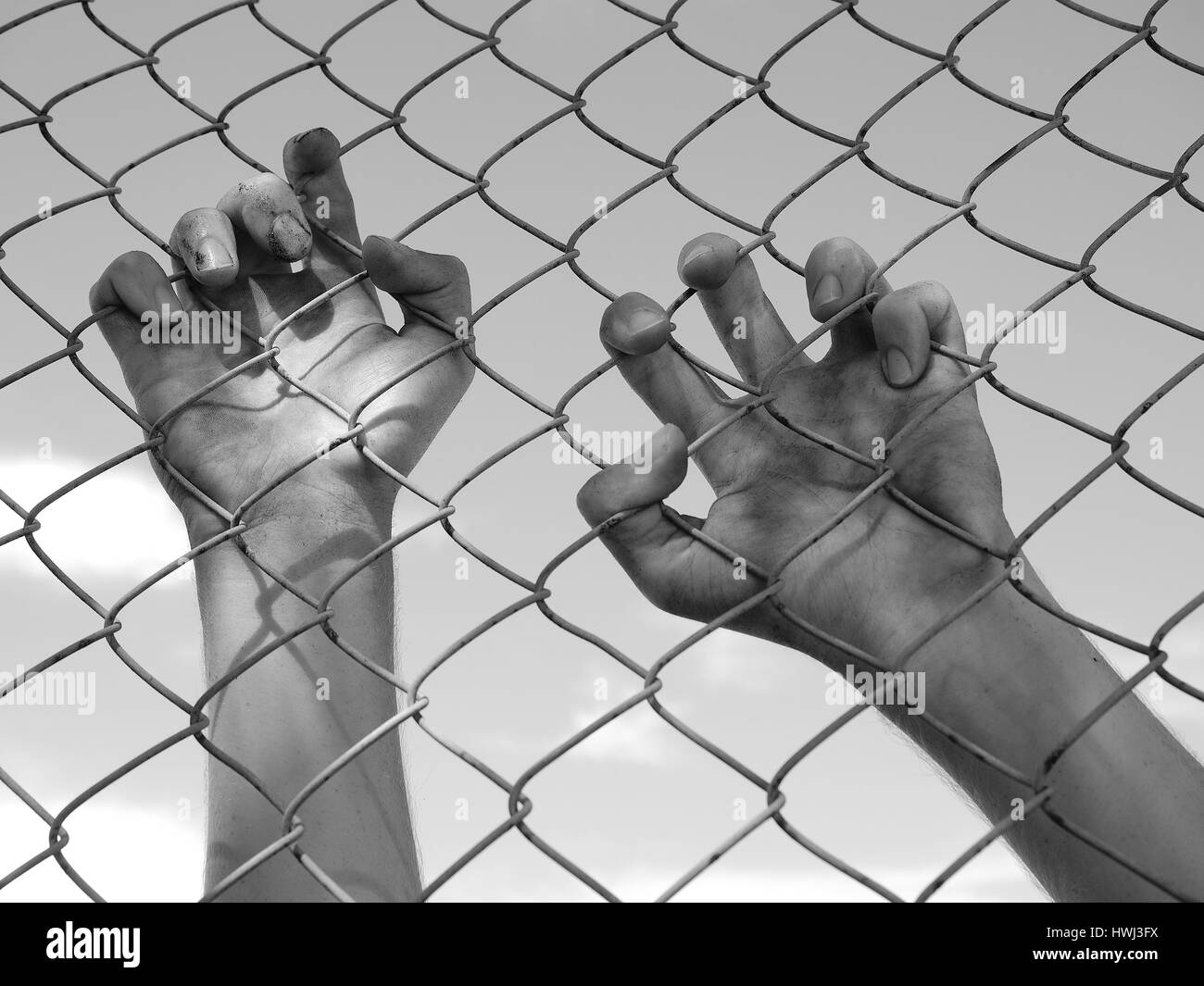 Dirty and discolored hand clinging to a steel wire fence, black and ...