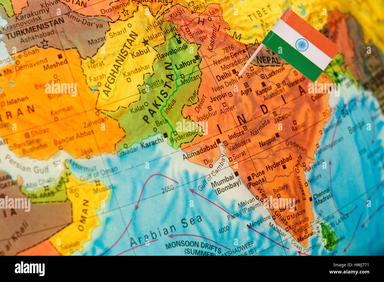 map with miniature flag of India.Selective focus on Indian Flag ...