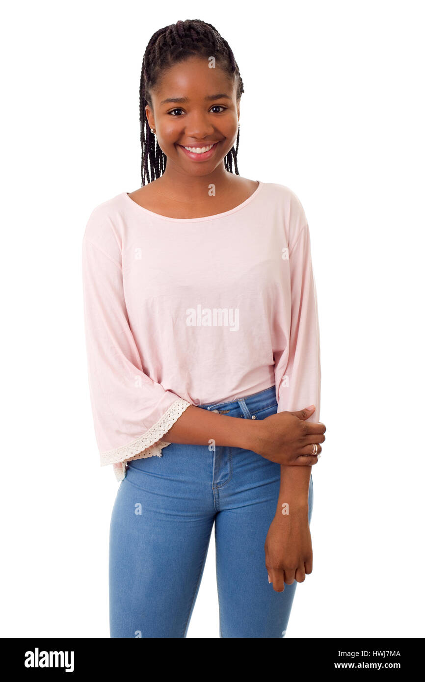 Happy african girl isolated on white background Stock Photo - Alamy