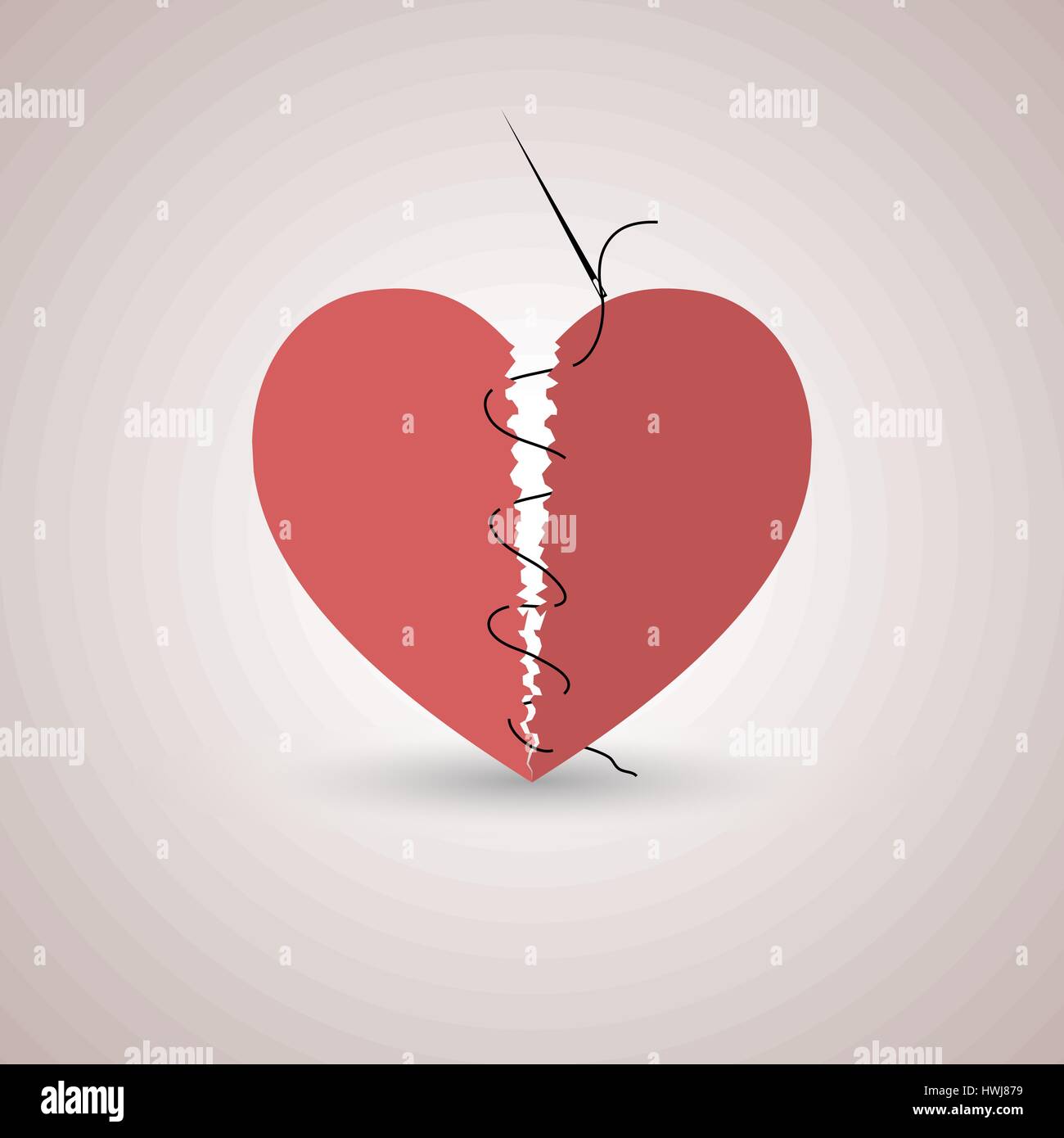 Icon red, paper, broken heart stitched thread with shadow, flat style ...