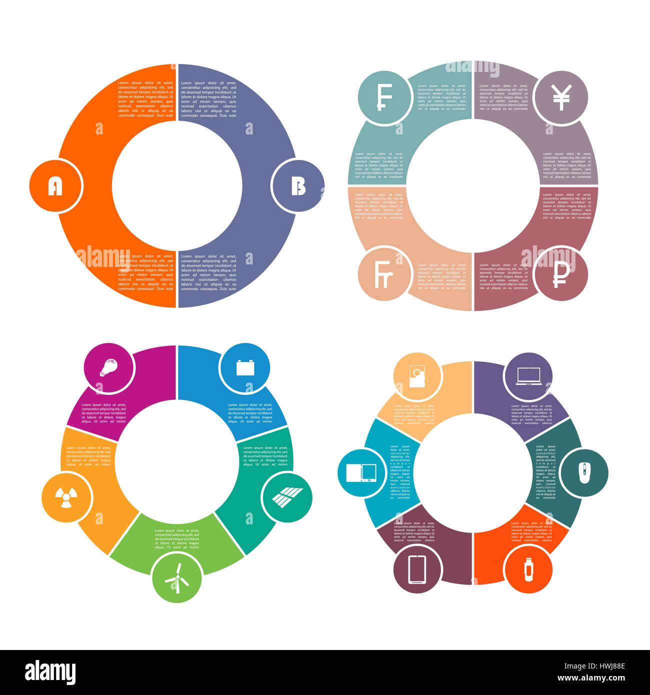 A set of bright circular elements for infographics, isolated on white ...