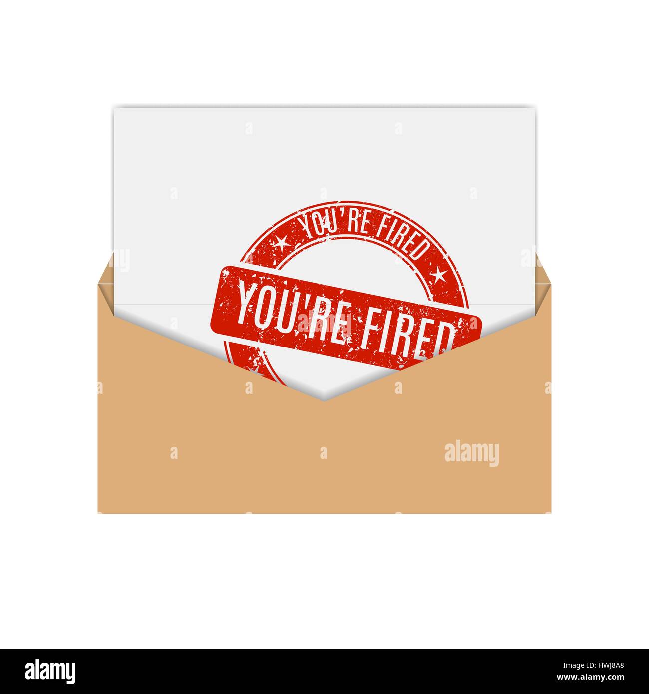 Realistic envelope of yellow paper with a letter, notice you are fired ...