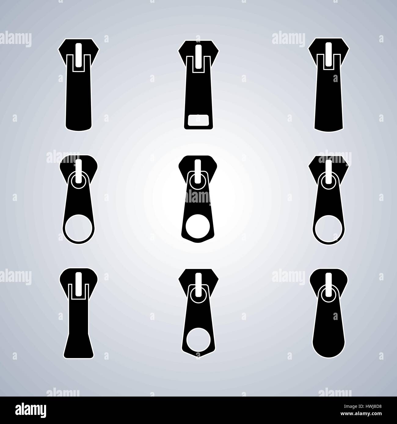 Set of different shape sliders for zippers, isolated on white background, design elements for ...