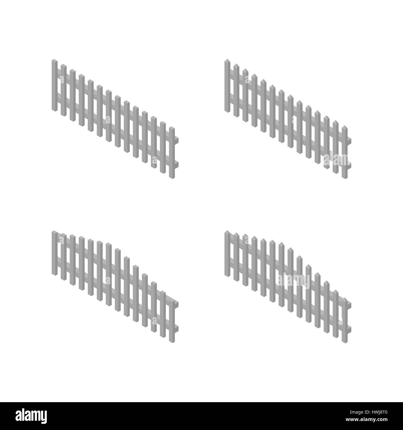 A set of isometric spans wooden fence of various shapes. Isolated on ...