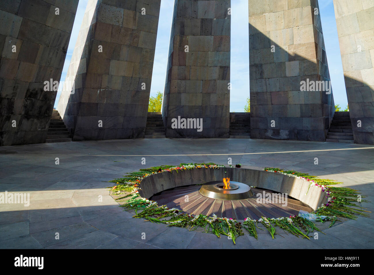 Armenian genocide memorial Tsitsernakaberd with eternal flame, Yerevan ...