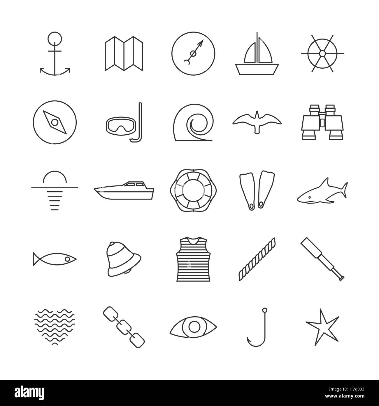 Set icons outline nautical of thin lines, isolated on white background ...
