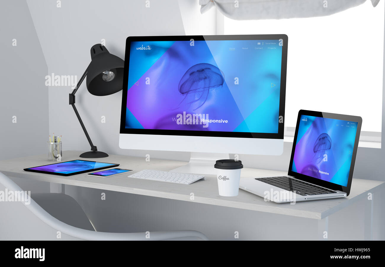 3d rendering of workroom with responsive devices showing website cool ...