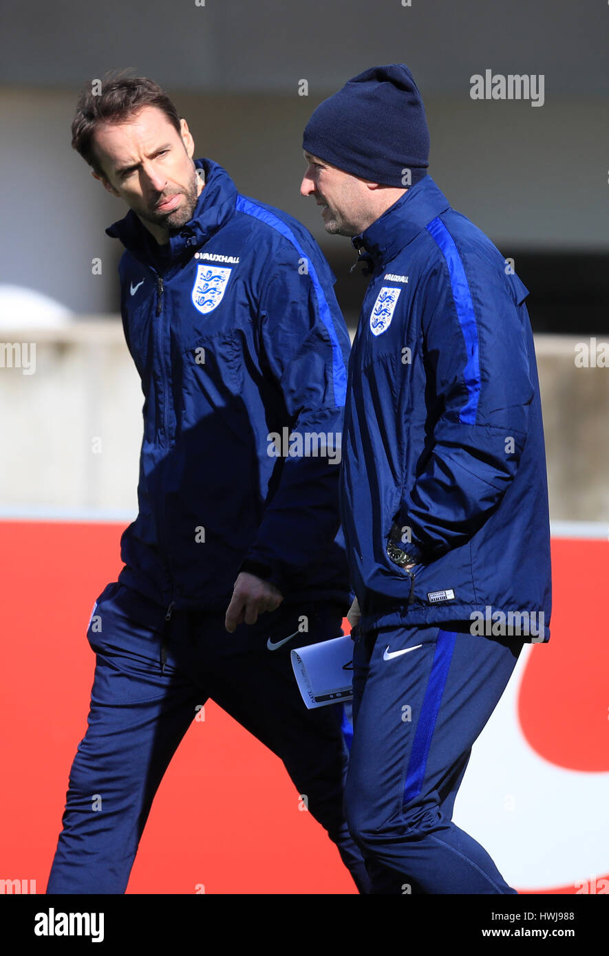 England Manager Gareth Southgate (left) during a training session at St ...