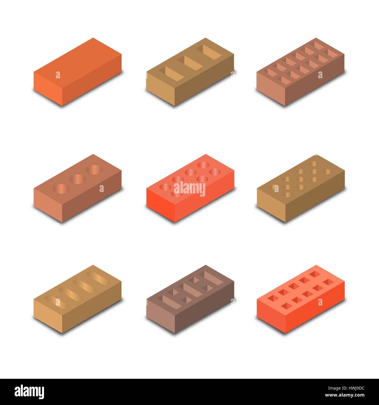 Set of nine different shapes isometric bricks, design elements ...