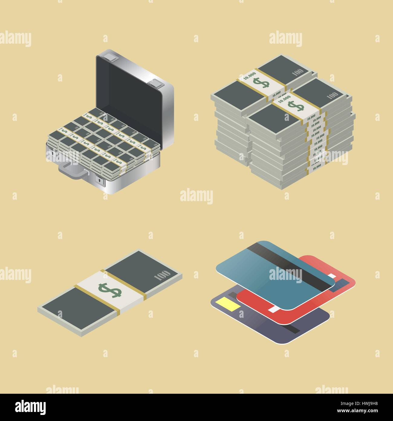 Set of financial icons isometric style, isolated on a yellow background ...