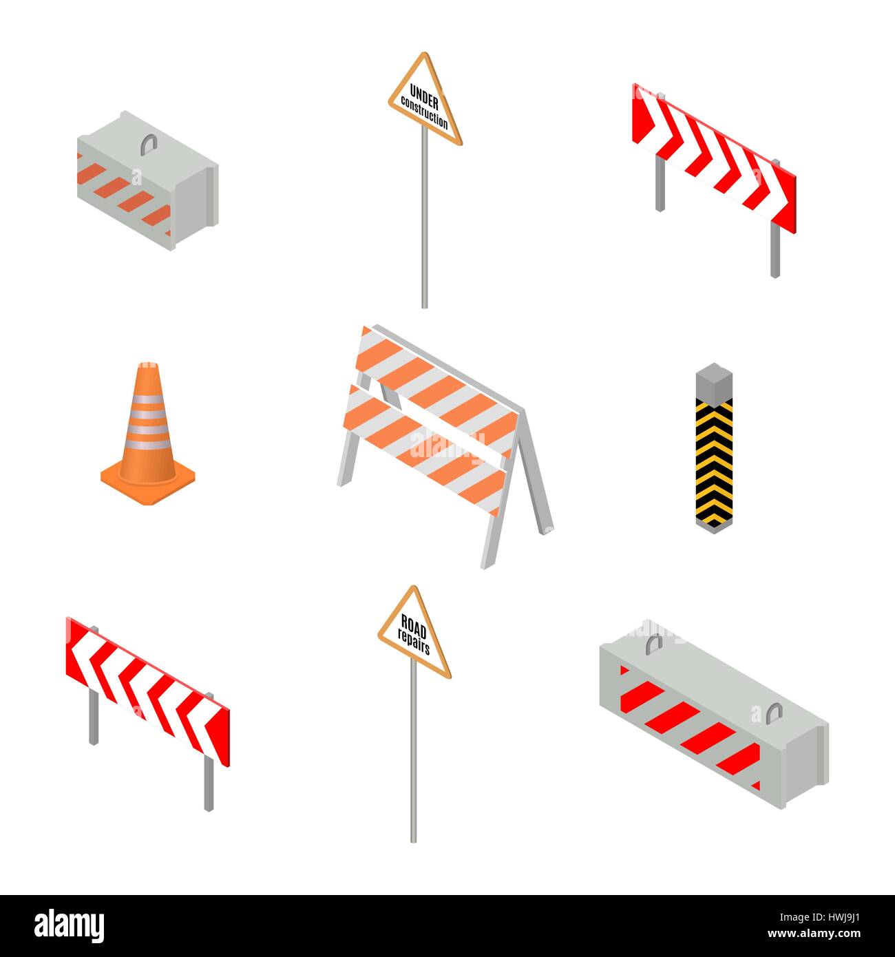 Set of road signs repairs isolated on white background. Isometric style ...