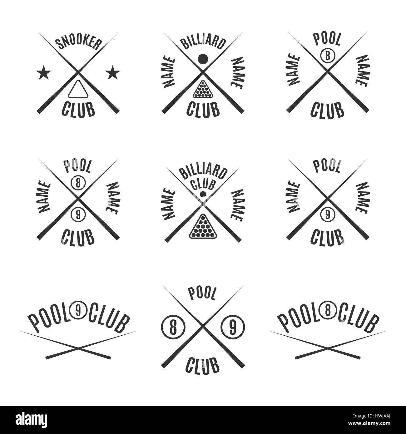 Set of nine different types of emblems billiards, pool, snooker ...