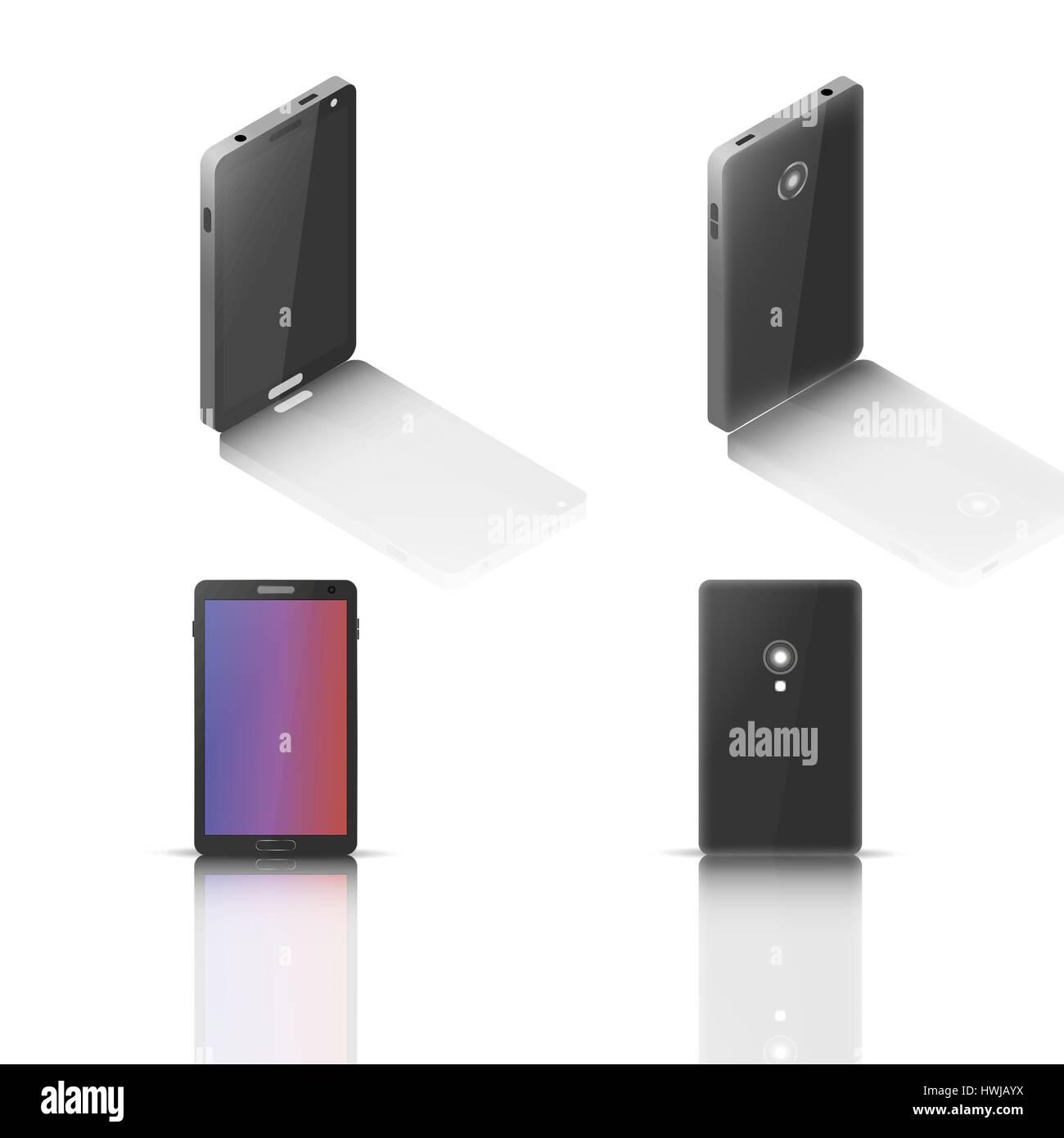 Photorealistic mobile phone with a mirror reflection, isolated on white ...