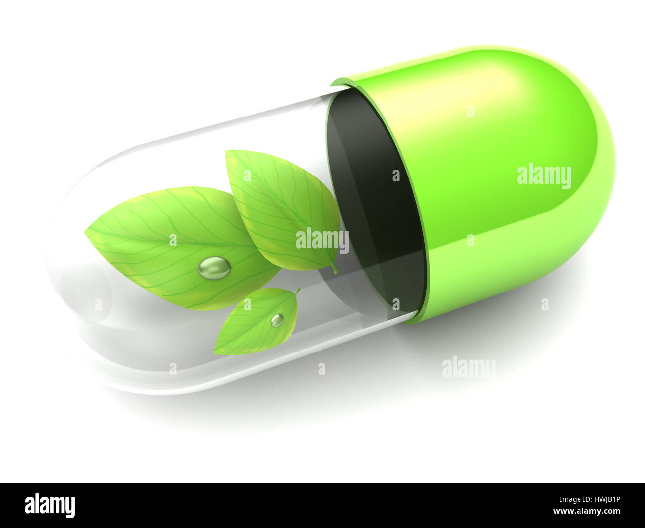 3d illustration of pill with leaf inside, over white background Stock ...