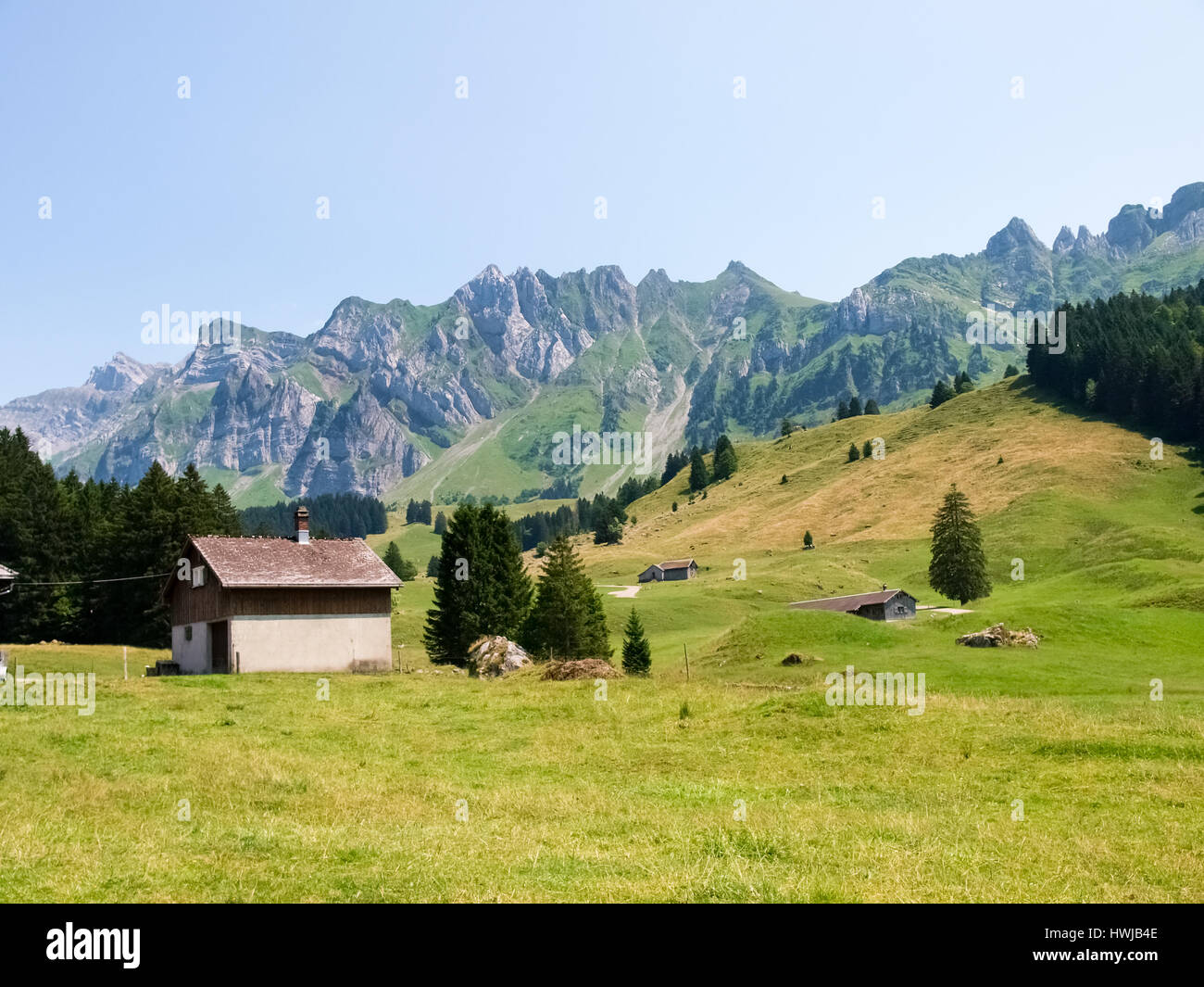 Swiss landscape, mountains and green meadows, mountains and green ...