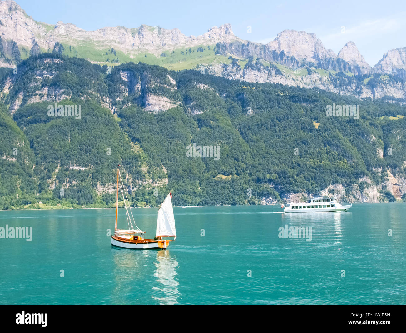 Walensee, boats crossing their path Stock Photo - Alamy