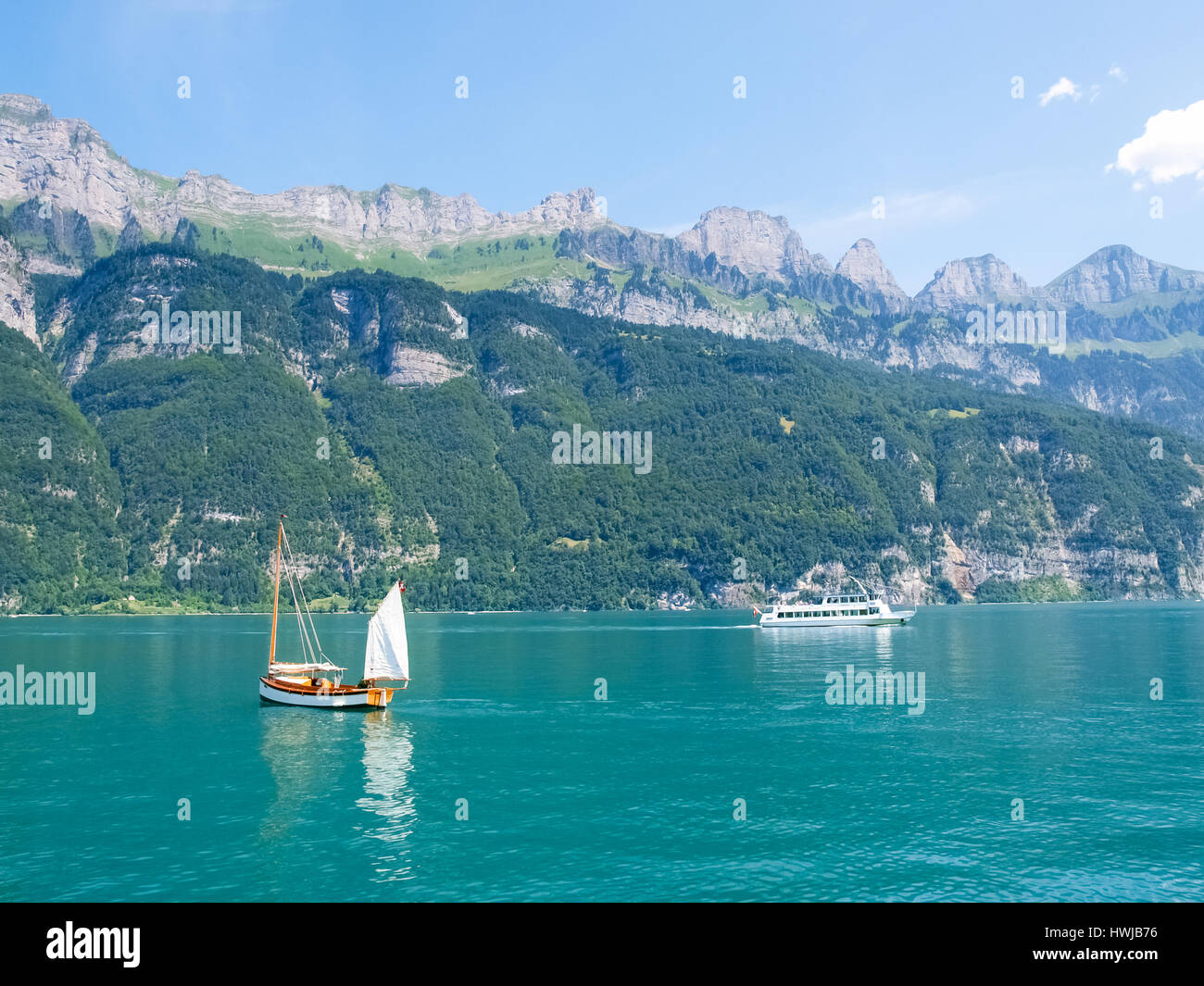 Walensee, boats crossing their path Stock Photo - Alamy