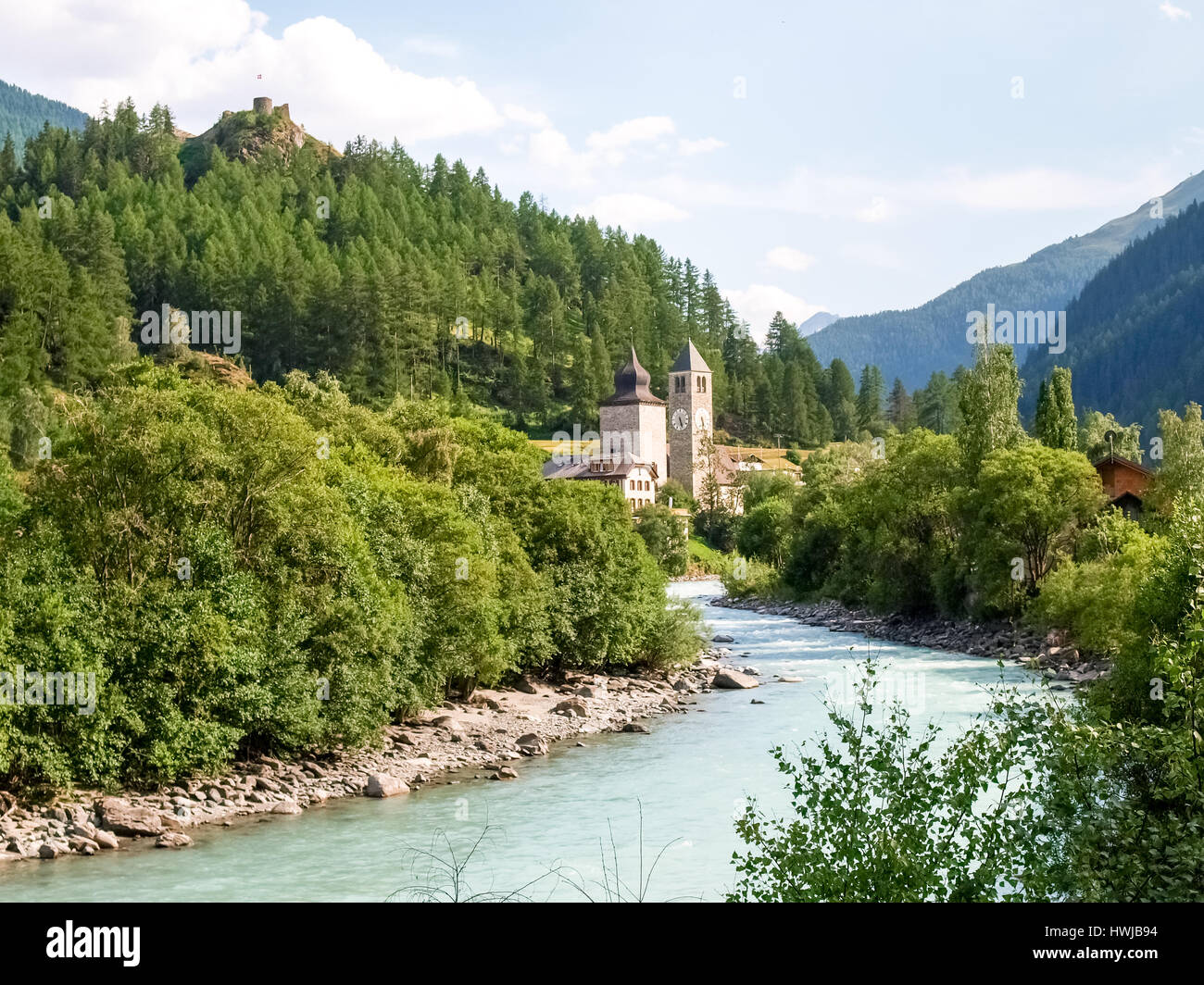 Switzerland village susch at river inn hi-res stock photography and ...