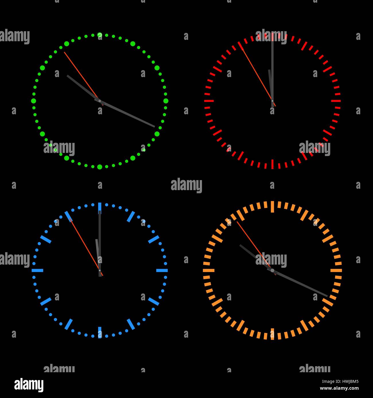 Round bright dials for clock with arrows isolated on black background ...