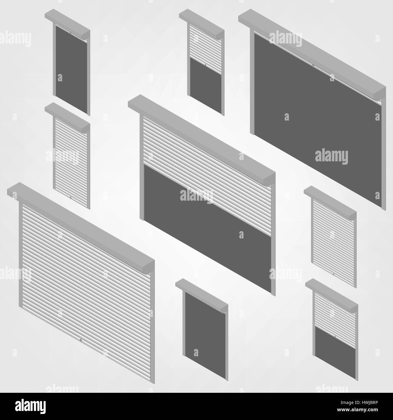 Steel security shutters for windows, doors and garage on a white ...