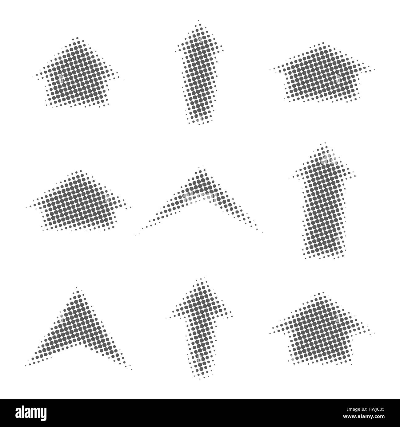 Gray arrows of different shapes with halftone effect, isolated on white ...