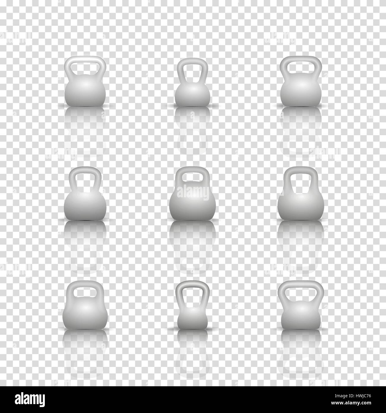 Set of realistic kettlebells different shapes with mirror reflection, isolated on white ...
