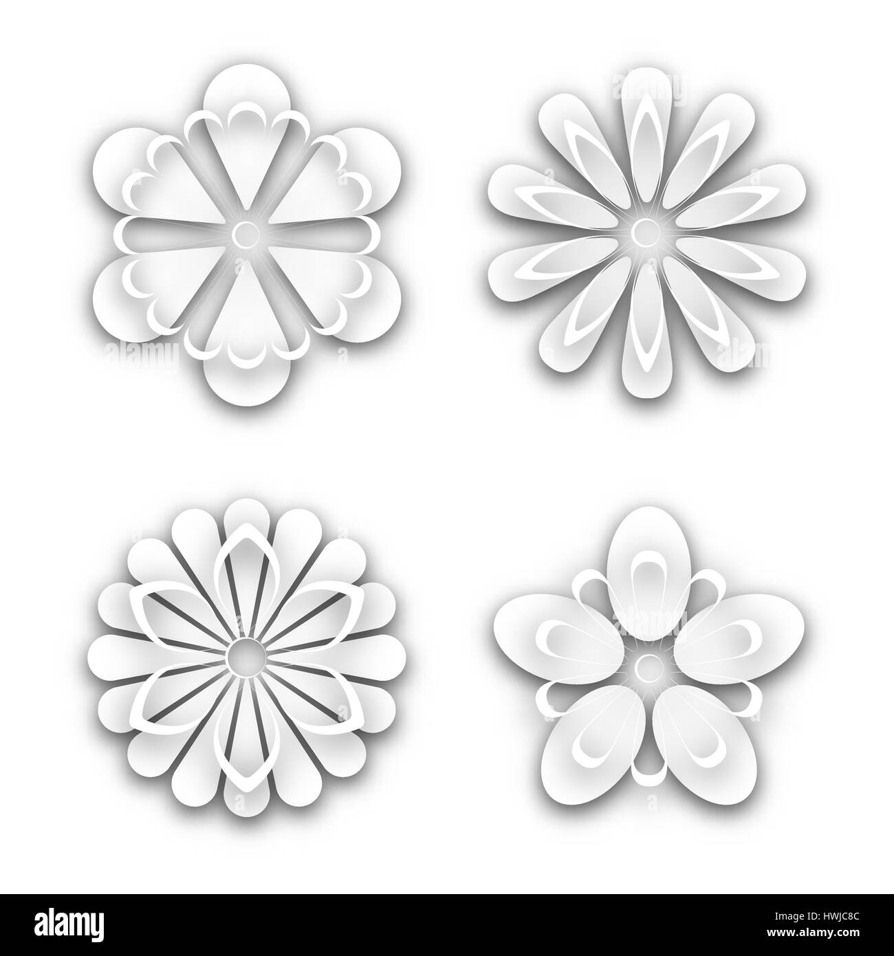 Set of white paper flower buds different shapes, isolated on white ...