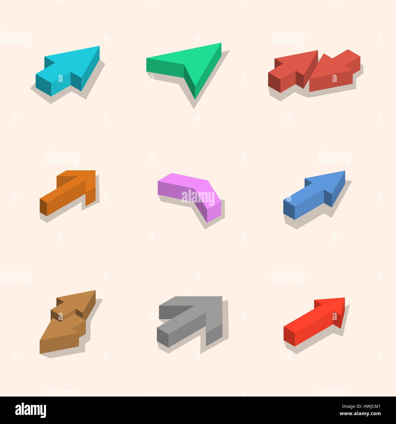 Multicolored arrows of various shapes with shadow, isolated on white ...