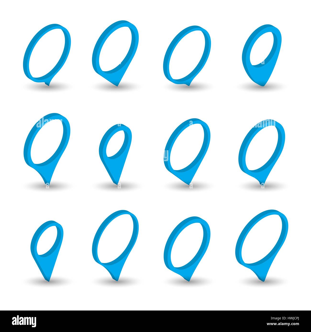 Pointers for maps of various shapes isolated on white background. Flat 3D isometric style ...