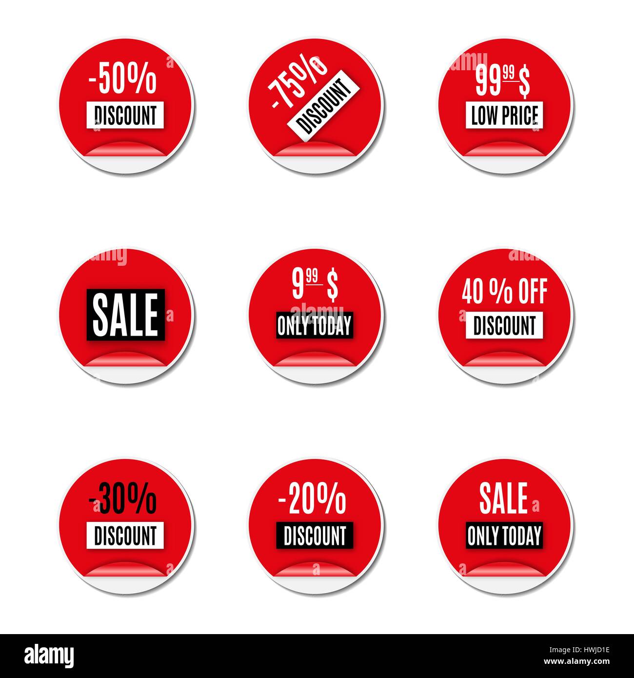 Set of red paper stickers discount and sale, isolated on white ...