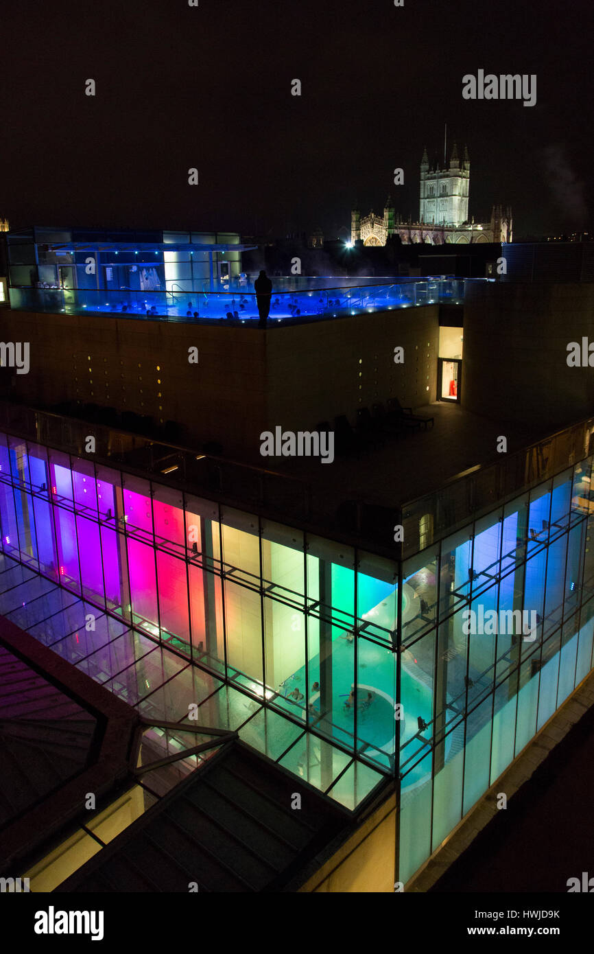 The rooftop Thermae Bath Spa at night in Bath, England. The tower of ...