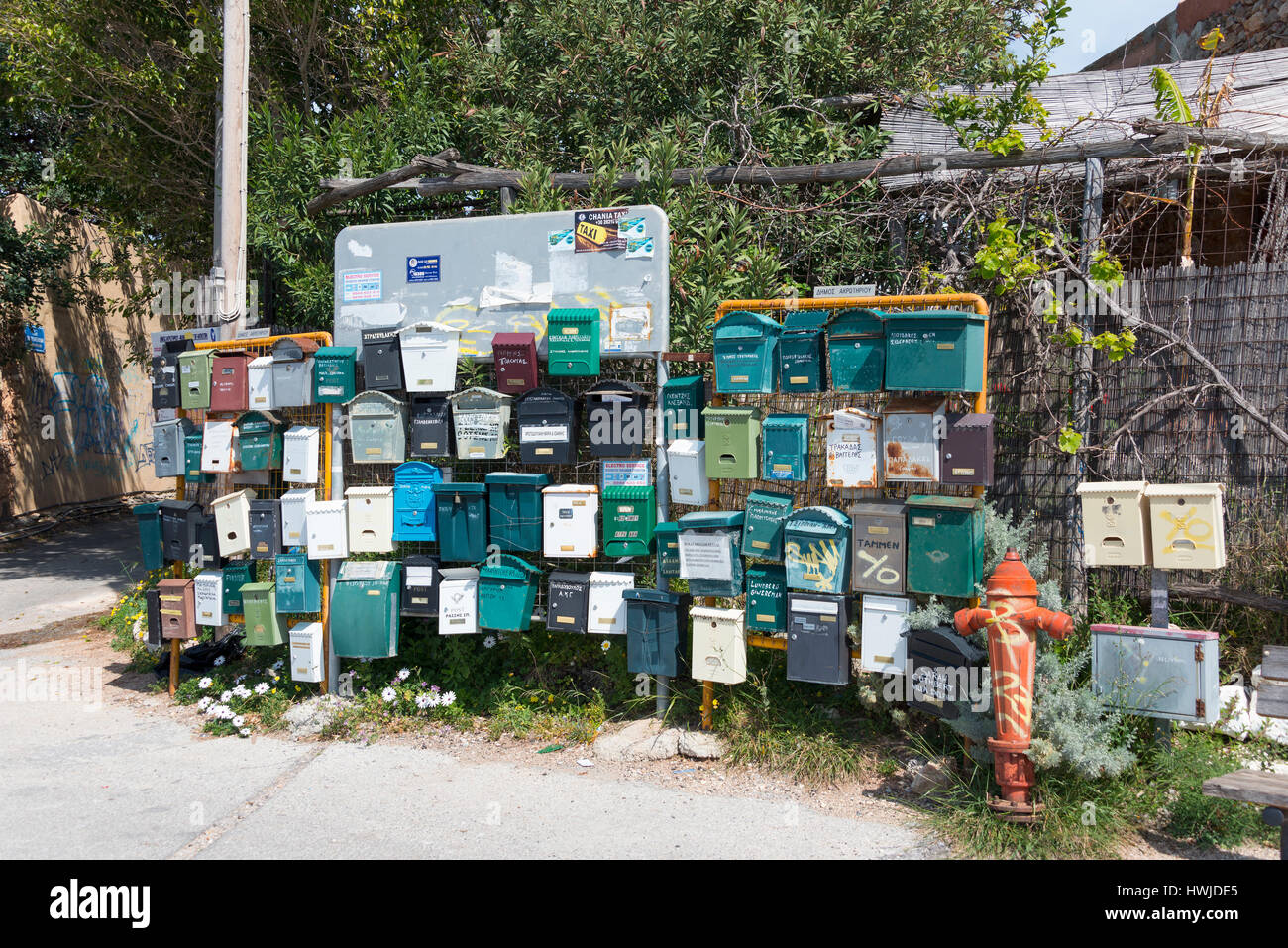 Mailboxes, Chorafakia, Akrotiri peninsula, Crete, Greece Stock Photo ...