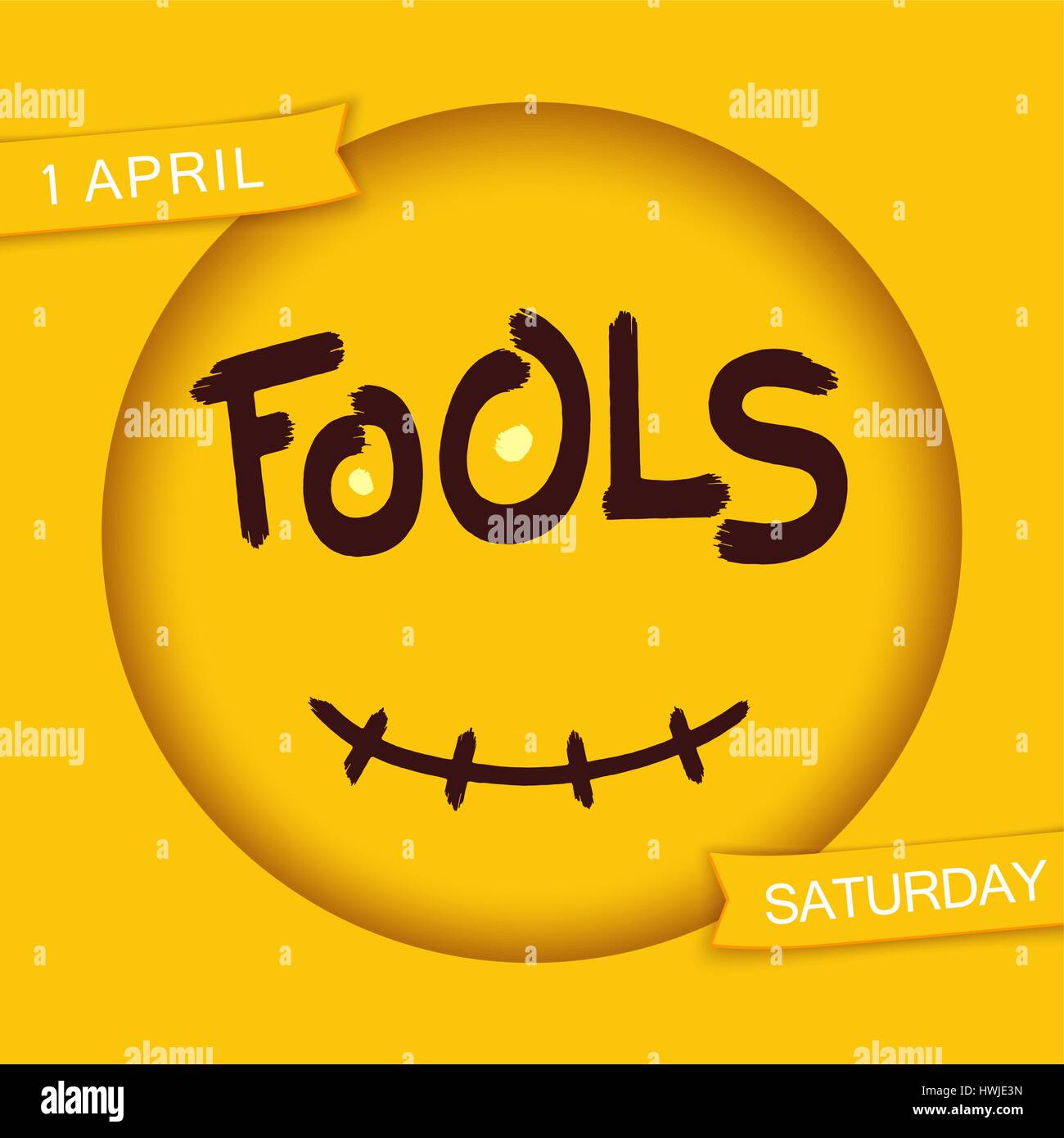 Fools. Stylized smiley design. Grunge brush lettering in 3D round frame ...
