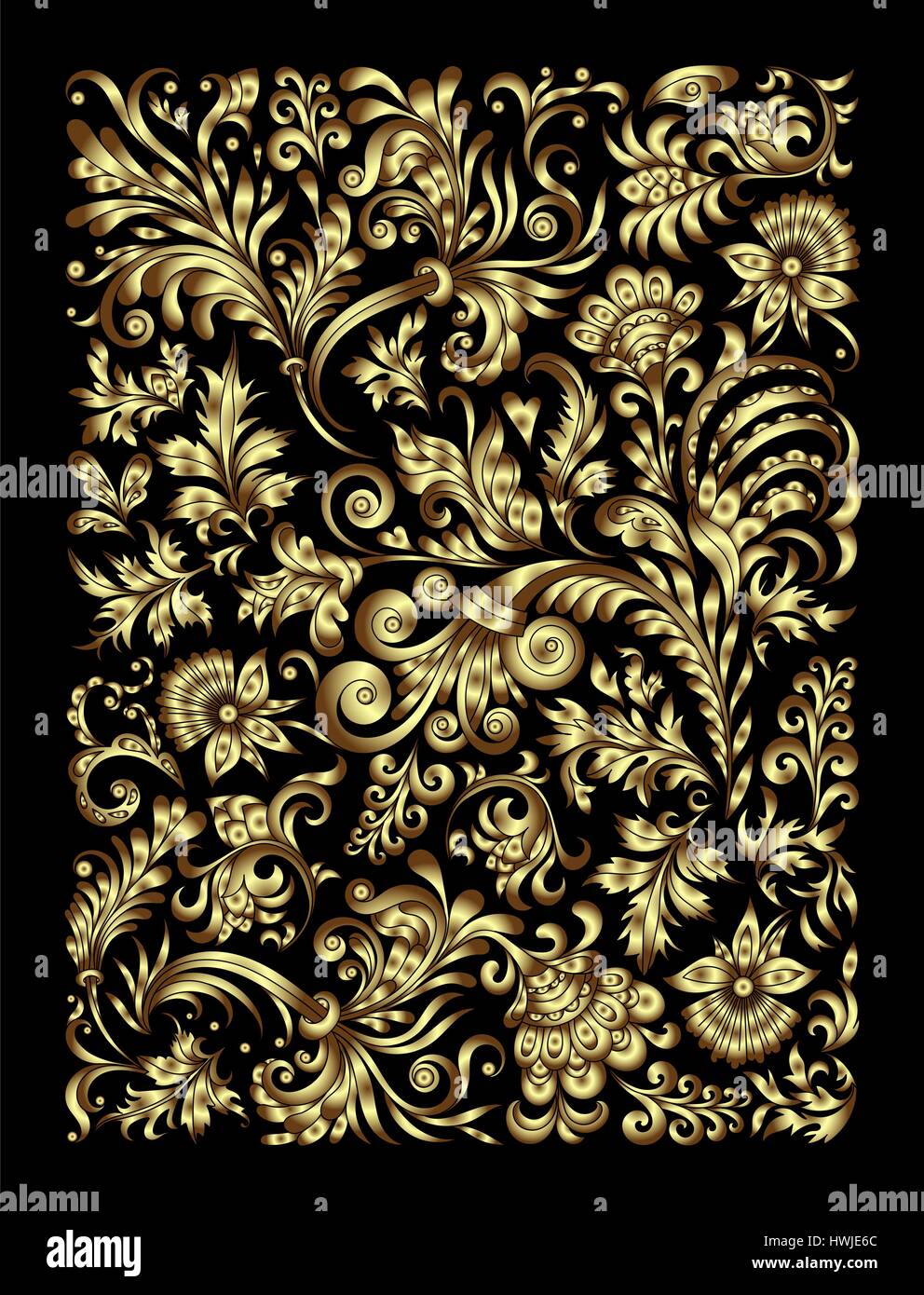 Doodle golden metallic floral hand draw pattern. Vector illustration ...