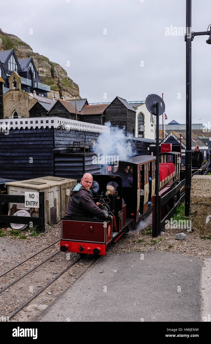 Miniature steam railway train for tourists rides at Hastings Old Town ...