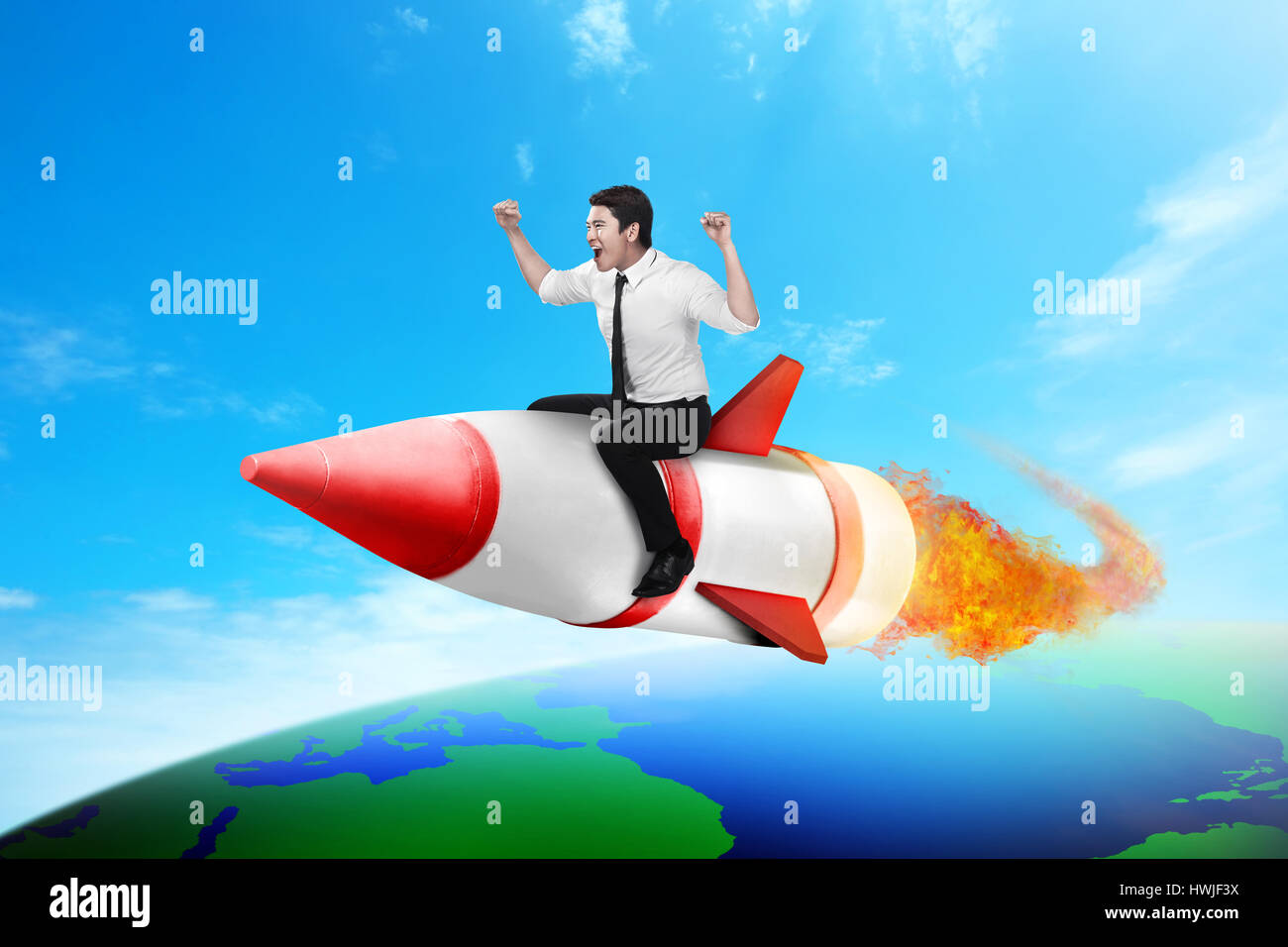 Asian business man flying ride rocket hi-res stock photography and ...