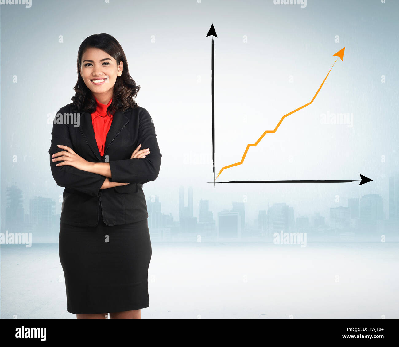 Successful asian business woman over increasing sales chart on the ...