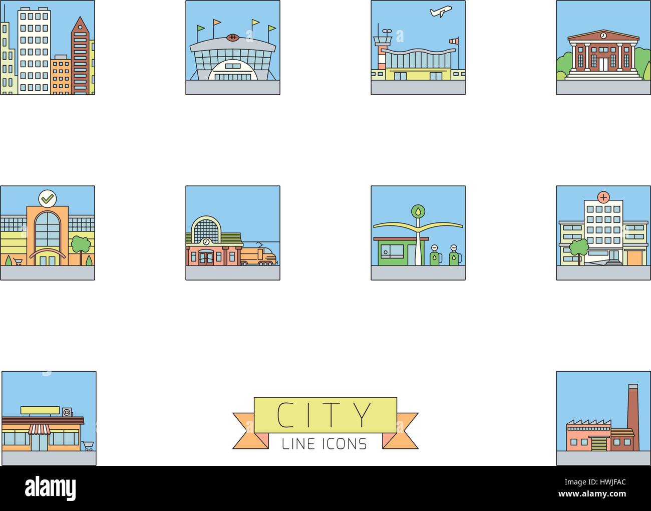 Variety of urban buildings and facilities square line icons with pastel ...