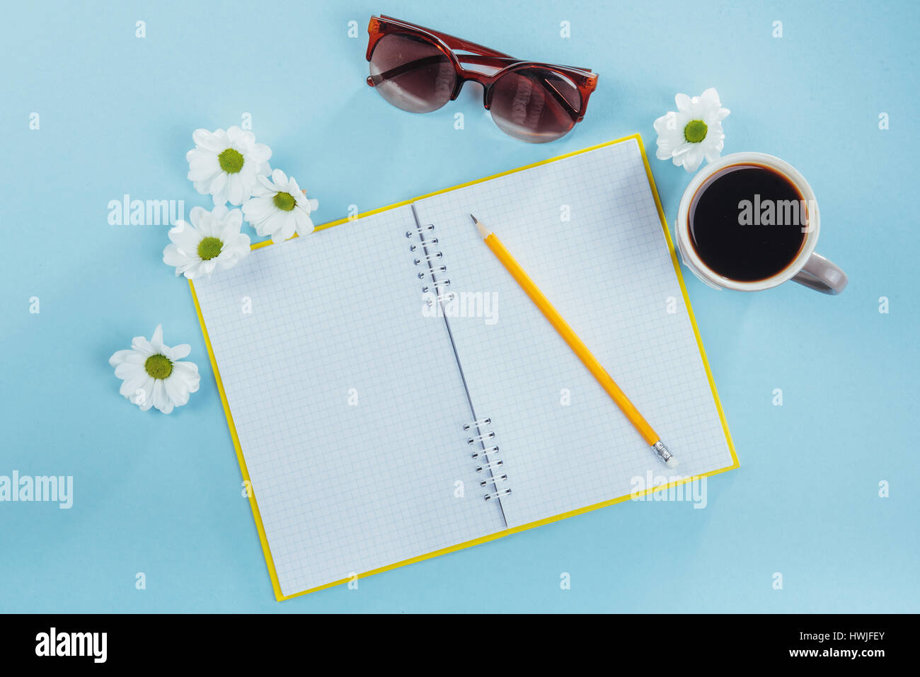 On the blue background notebook pencil, ruler and white flowers Stock ...
