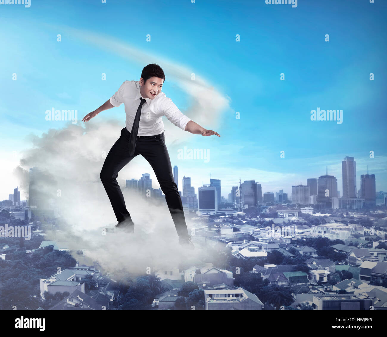 Asian business person flying with the cloud. Business challenge concept ...