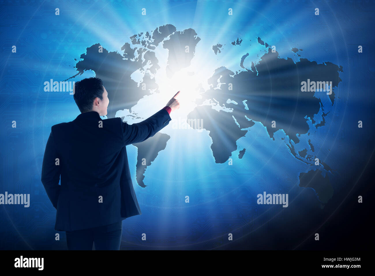 Asian business man touching world on virtual screen. Globalization ...