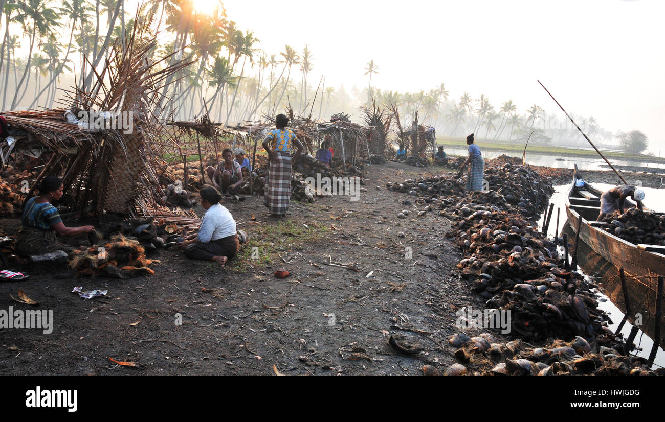 Coir workers at Kadinamkulam lake near Chirayinkeesh ...