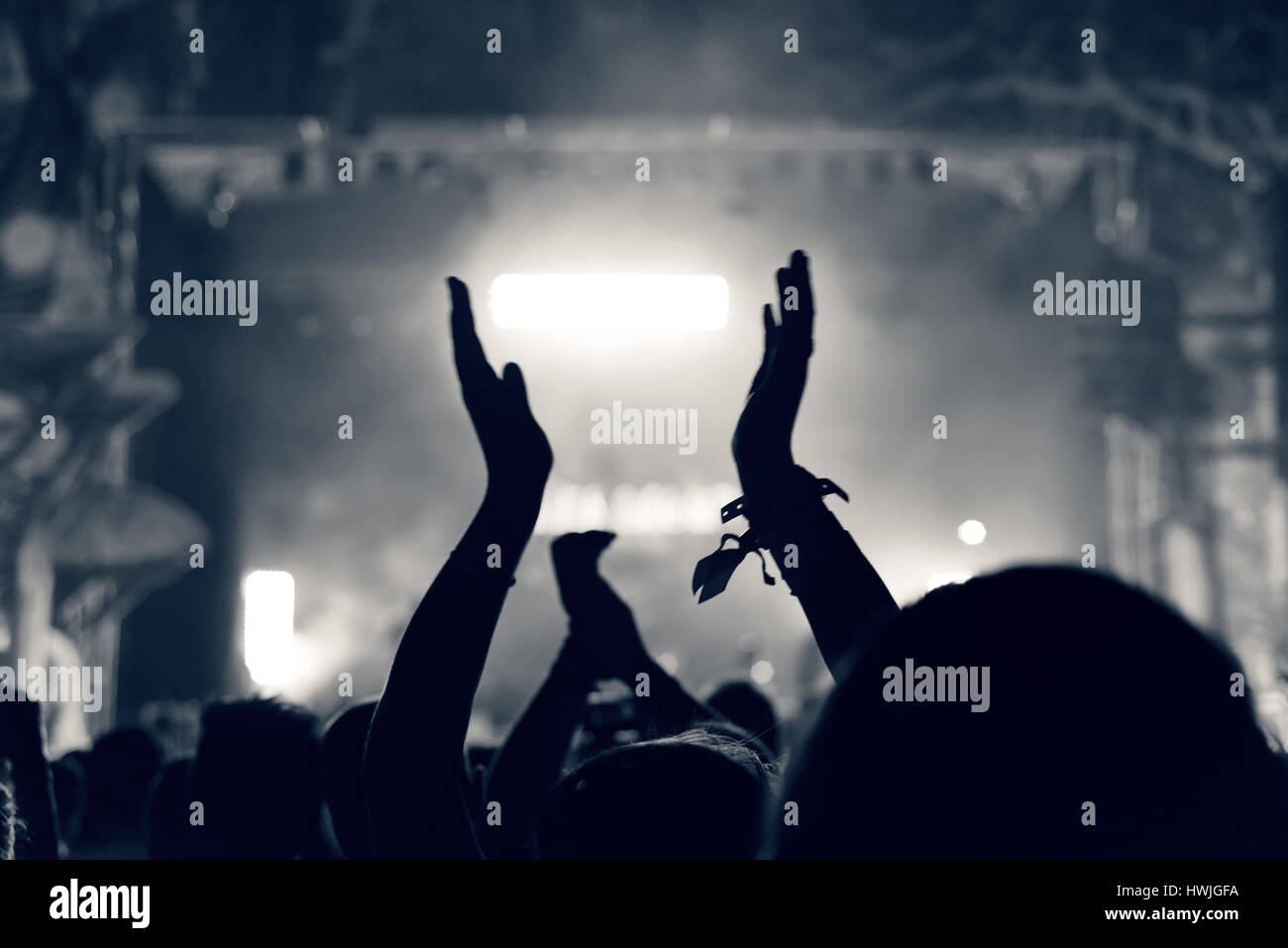 Crowd at a music concert with raising hands up, toned image Stock Photo ...