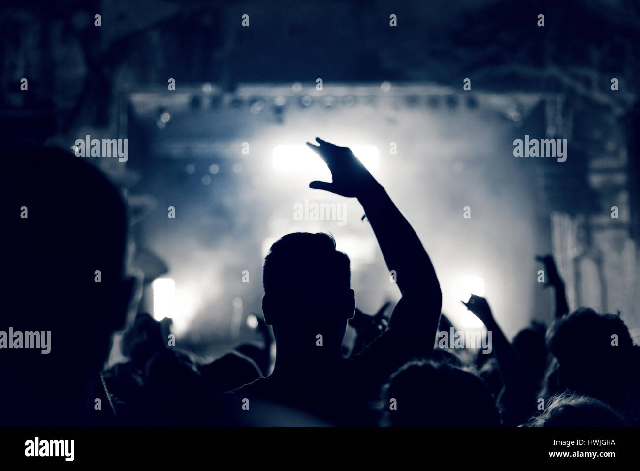 Crowd at a music concert with raising hands up, toned image Stock Photo ...