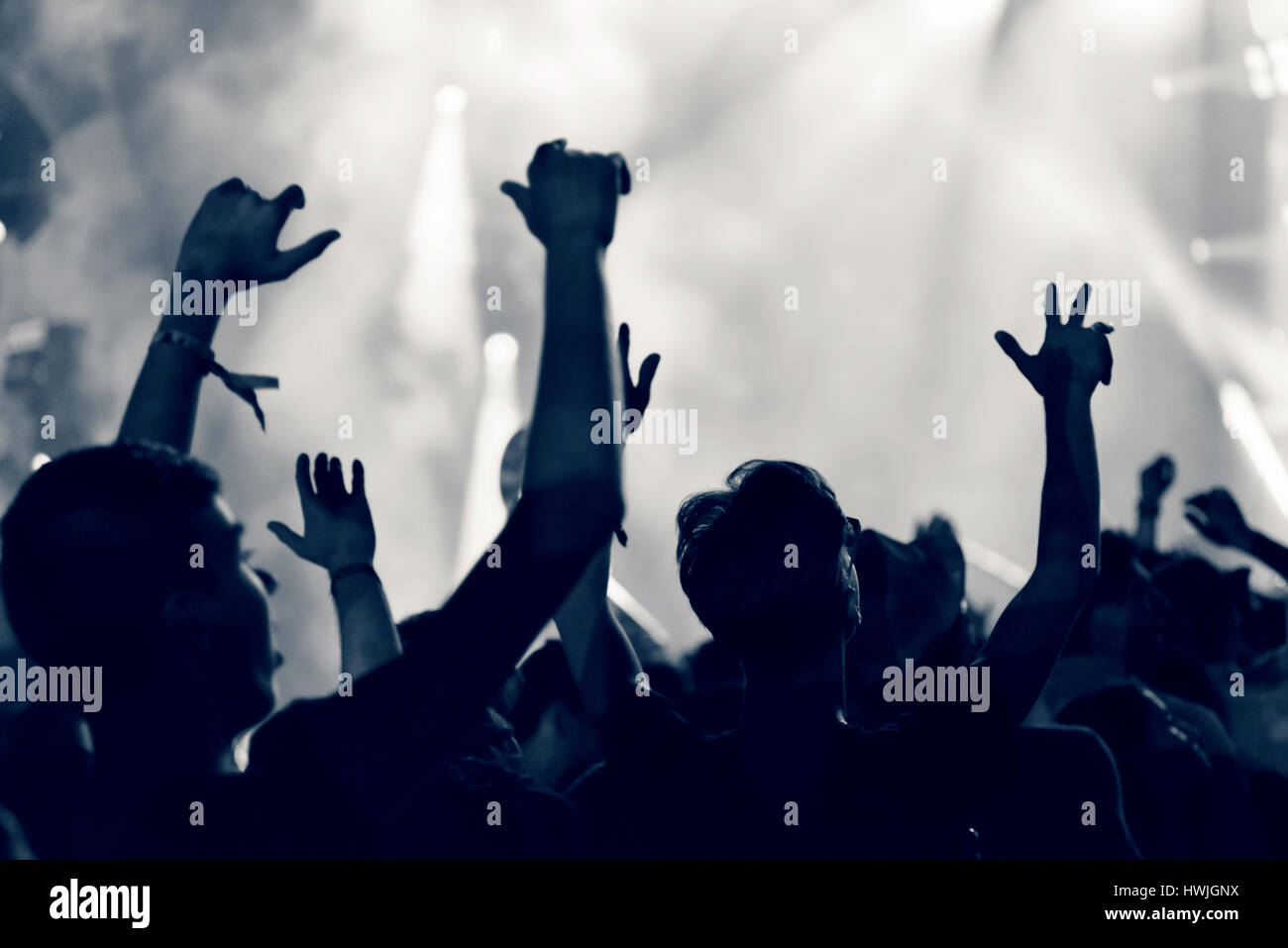 Crowd at a music concert with raising hands up, toned image Stock Photo ...