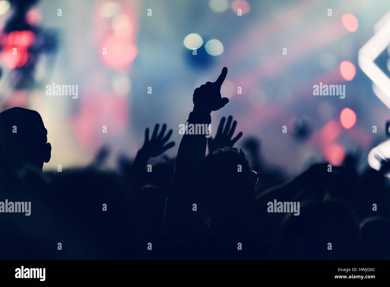 Crowd rocking during a concert with raised arms. Toned image Stock ...