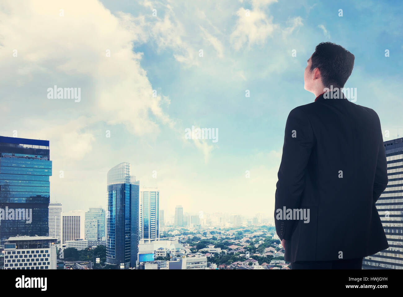 Back view of asian business man looking the city from the rooftop Stock ...