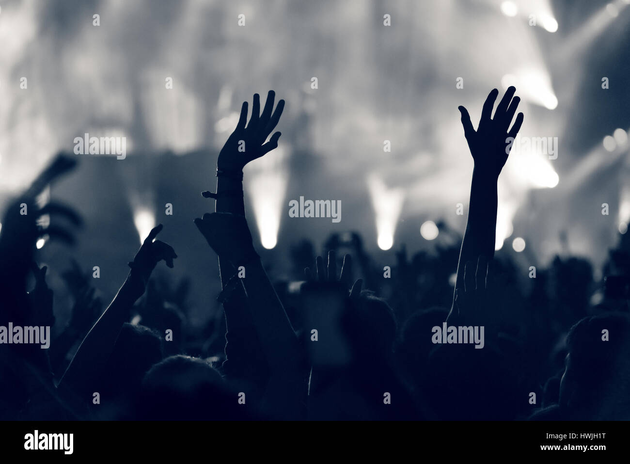 Crowd at a music concert with raising hands up, toned image Stock Photo ...