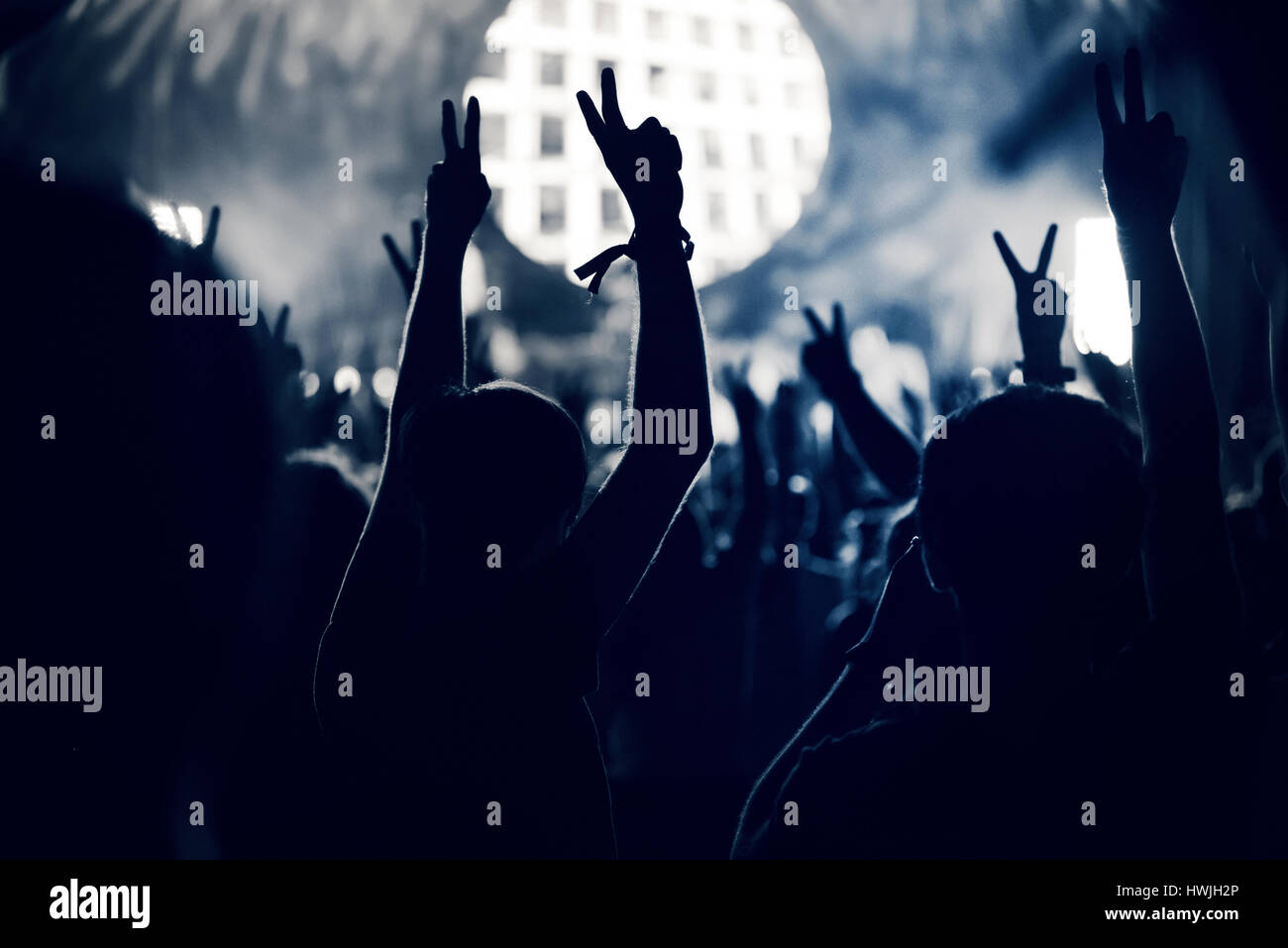Crowd at a music concert with raising hands up, toned image Stock Photo ...